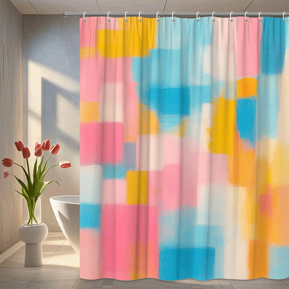 Colorful Abstract Shower Curtain - Pink, Blue, Yellow Design | eBay UK