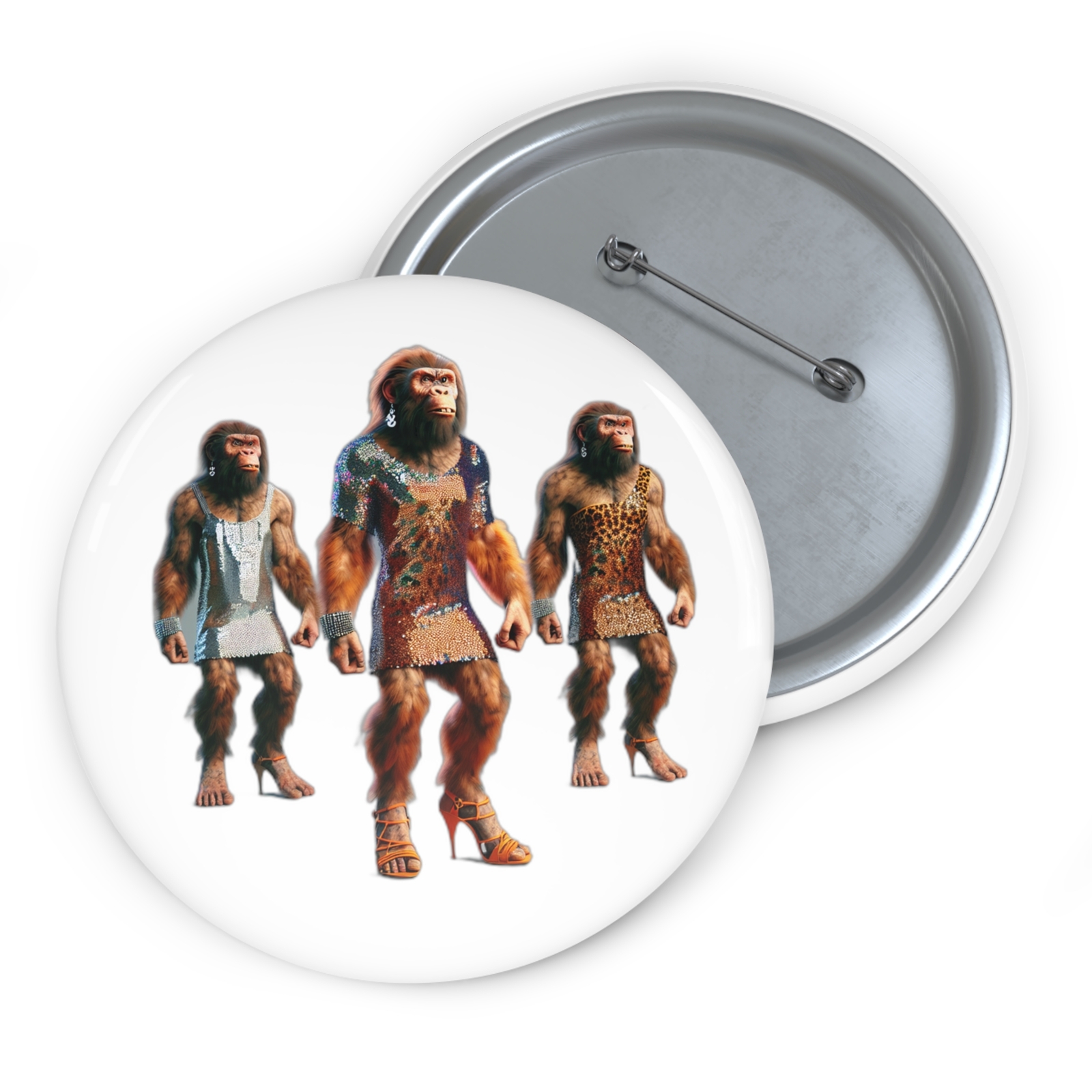 Custom Pin Badge Button Funny Neanderthal Fashion Sequin Dress Quirky ...