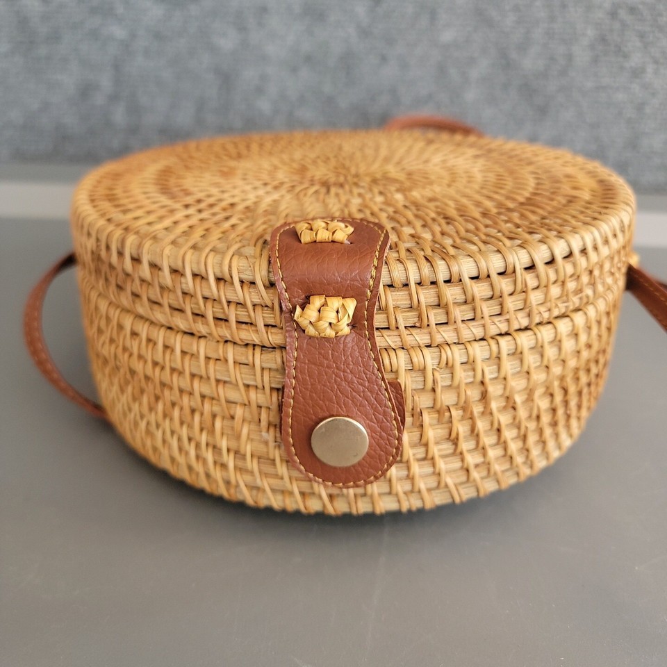 Rattan Straw Woven Circular Round Shoulder Crossbody Strap Bag Handbag ...