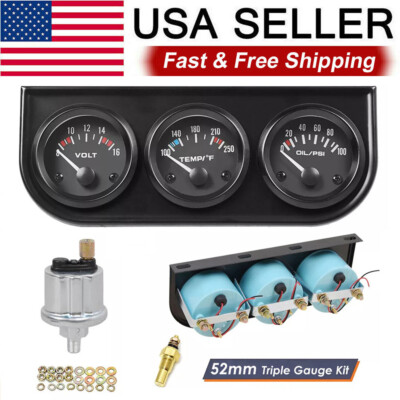 2" 52mm 3-in-1 Auto Car Triple Gauge Set Kit Water Temp Oil Pressure ...