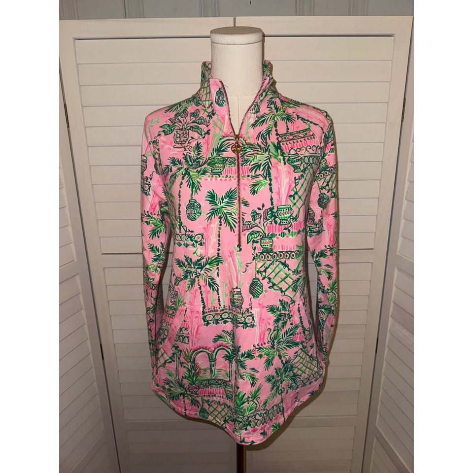 Lilly Pulitzer Resort 365 Pink Green Palm Tree Print Quarter Zip ...