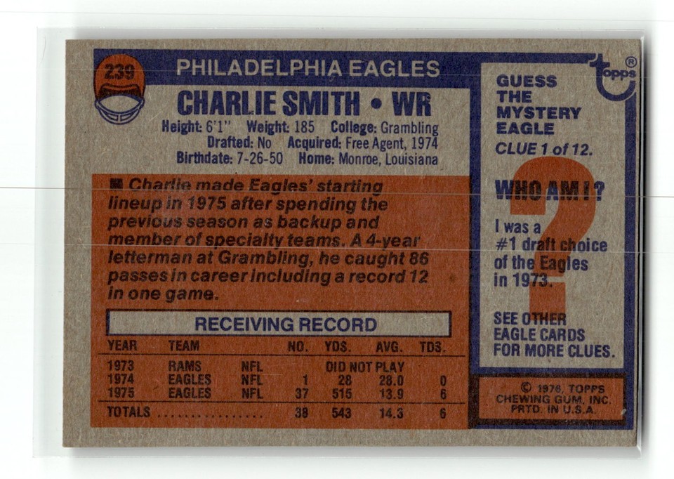 1976 Topps Charlie Smith Football Card Philadelphia Eagles #239 | eBay