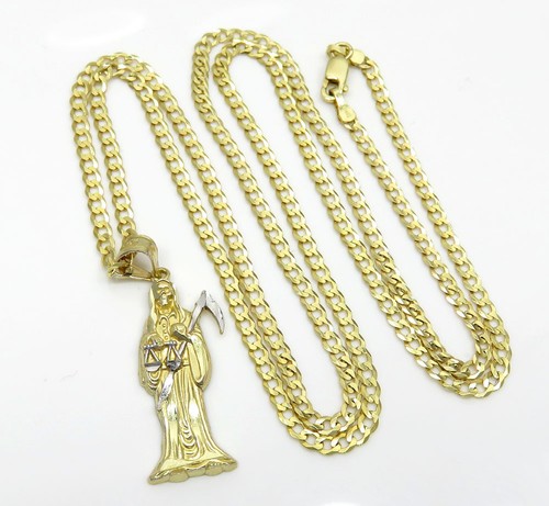 6.50Gram 10k Yellow Real Gold Grim Reaper Death Pendant w/ 24" cuban ...