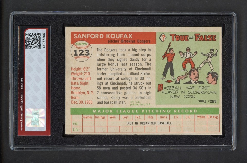1955 TOPPS #123 SANDY KOUFAX ROOKIE CARD KSA 7 NEAR MINT | eBay