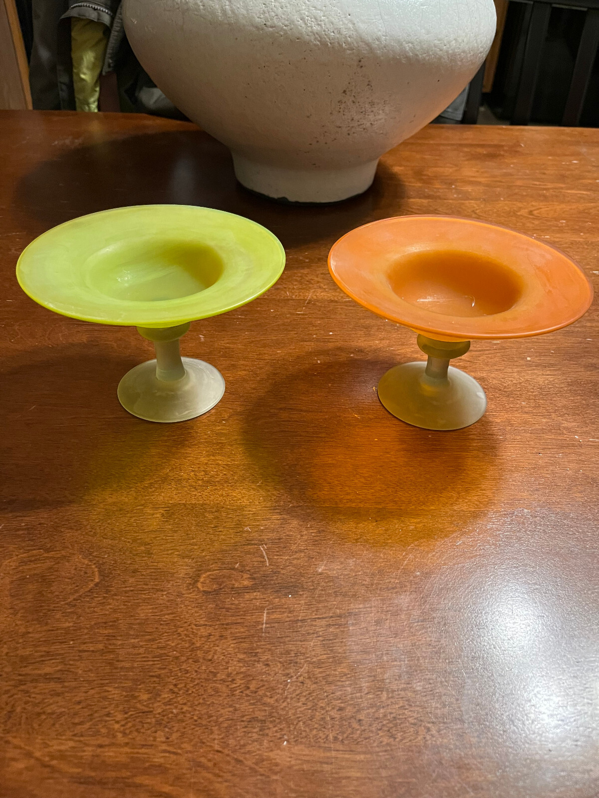 Satin Art Glass Compote Dishes - Orange and Green | eBay