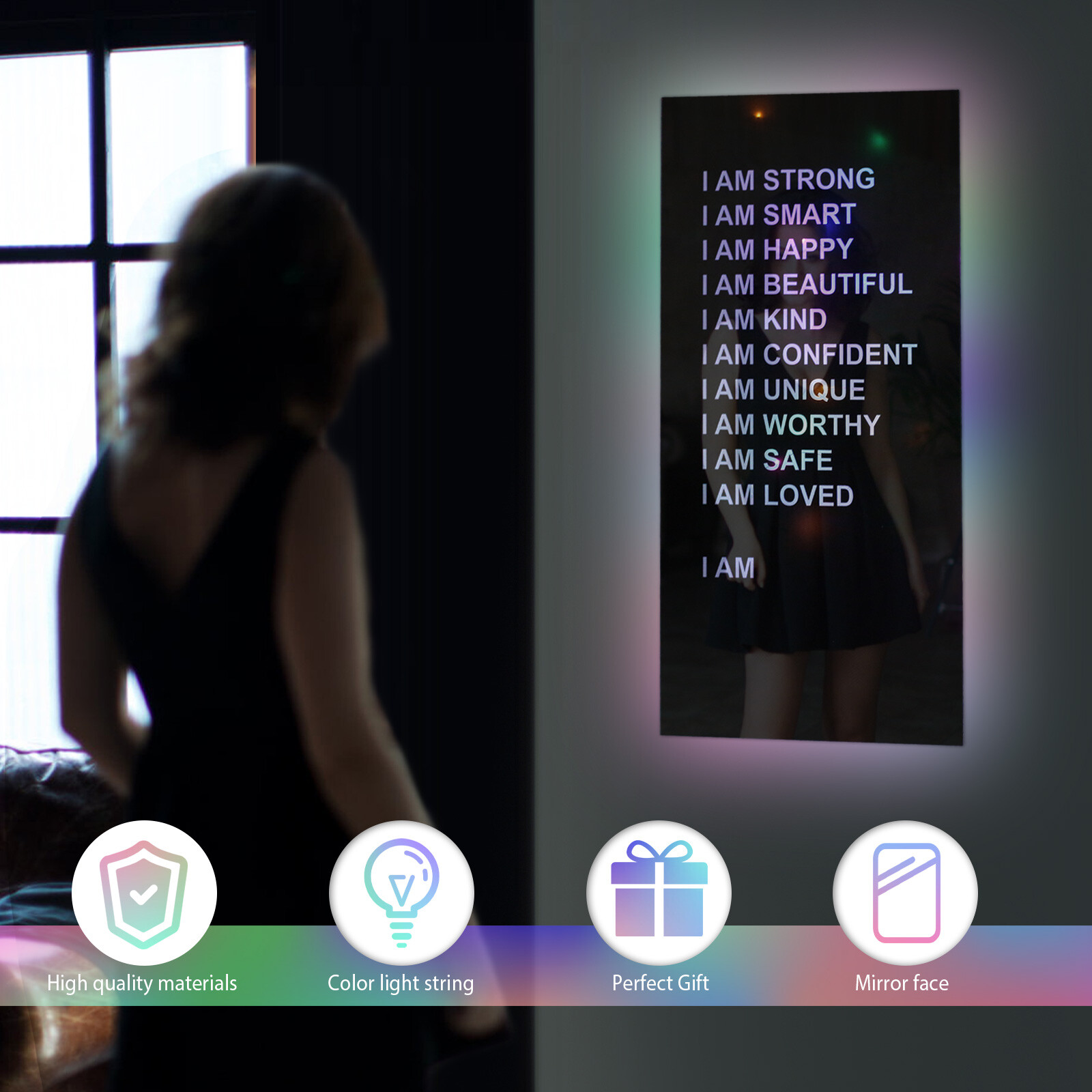 Personalized Affirmations Mirror with LED String Light Acrylic Positive ...
