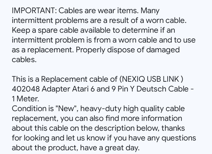 Nexiq USB LINK 402048 Adapter 6 & 9 Pin Y Deutsch Cable 1 M Peterbilt ...