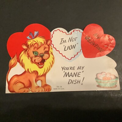 Vintage Valentine Day Card DieCut Anthropomorphic Lion Winking Mane ...