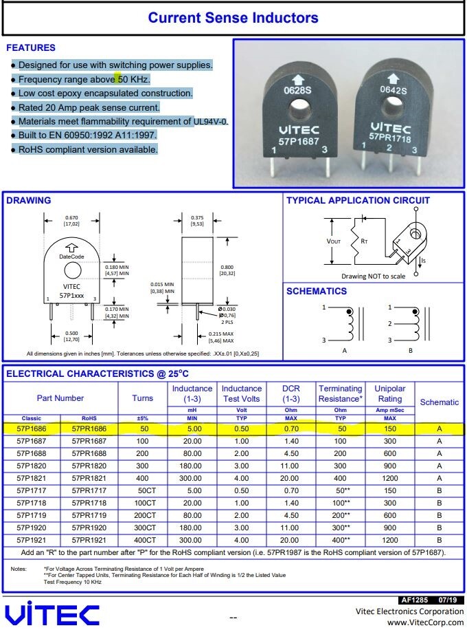 8 Vitec SMPS Current Sense Transformers 50KHz to 300KHz 20A 50 Turns ...