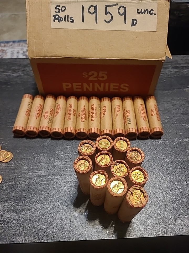 Lot Of 3 Rolls 1959-D Memorial Cent in OBW Shot gun Rolls,blazing red ...