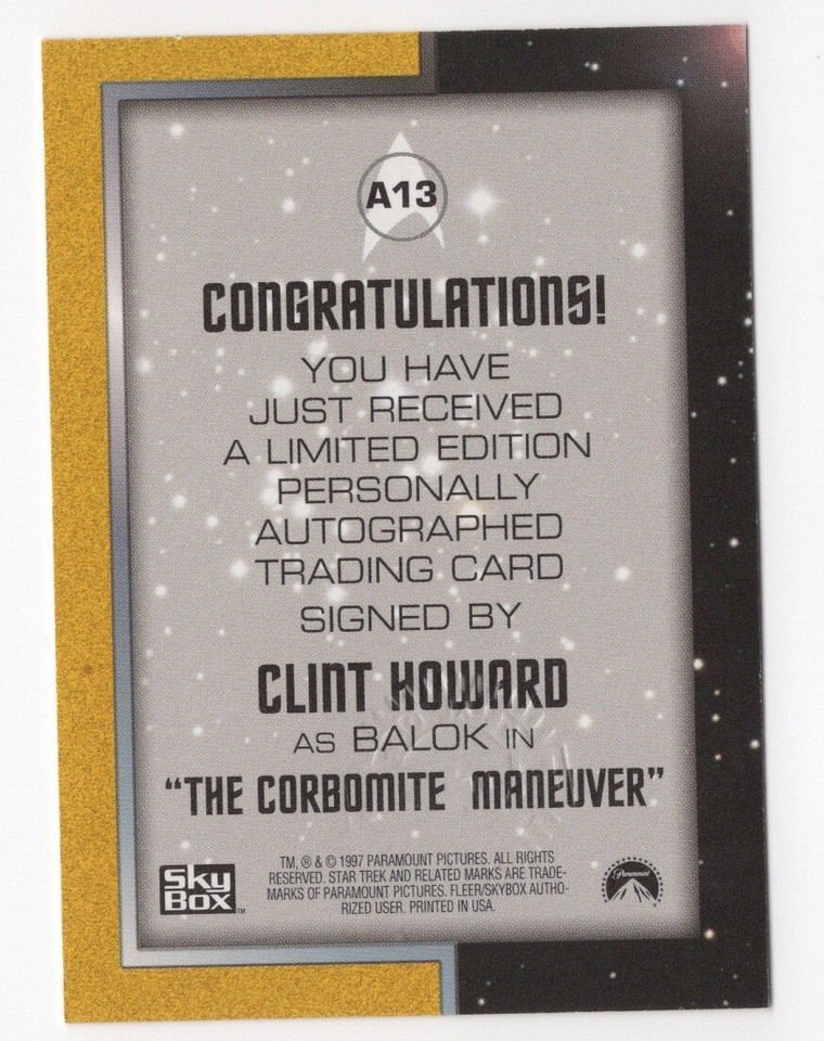 Clint Howard as Balok STAR TREK TOS Season 1 1997 Skybox Autograph Card ...