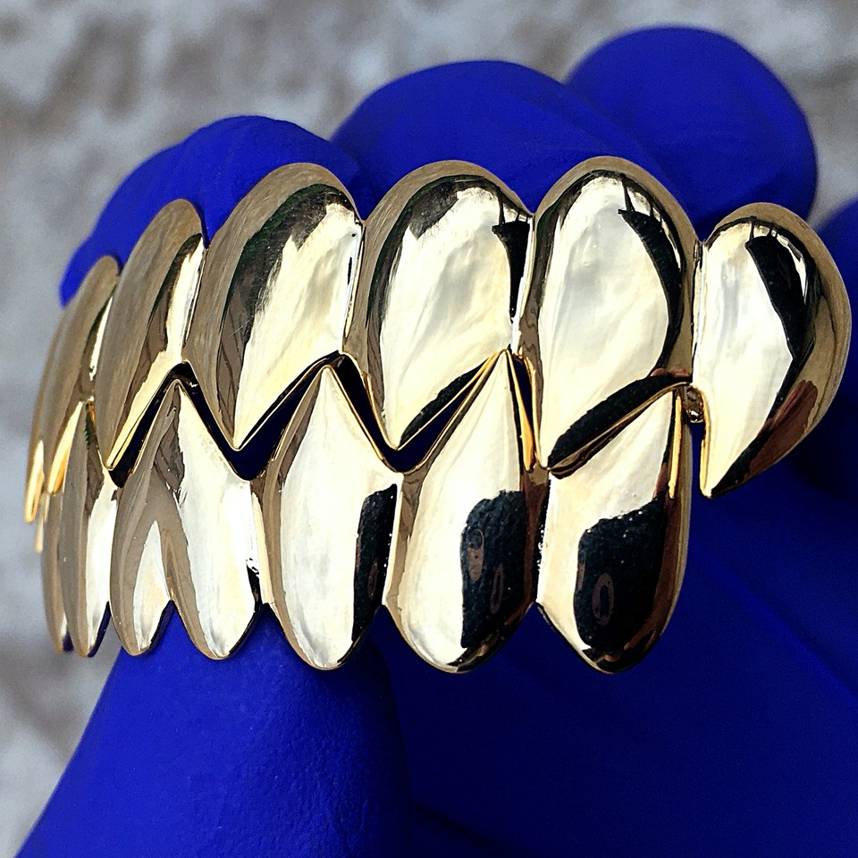 14K Gold Plated Shark Grillz 8 Top & Eight Bottom Teeth Set Vampire ...