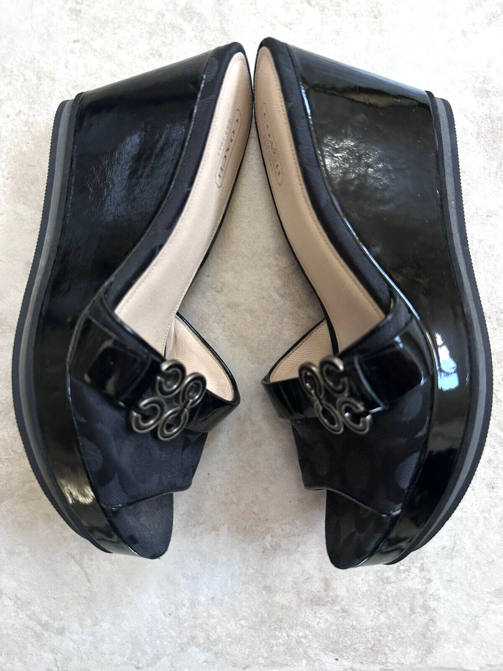 Coach Geri Signature Womens C Wedge Black Patent Sandal Platform Shoes ...