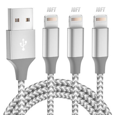 3-PACK 3/6/10 FT USB Data Fast Charger Cable For Apple iPhone iPad ...