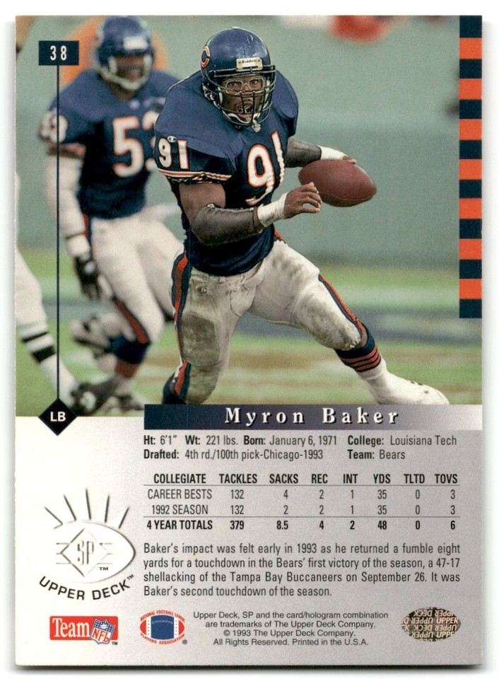 1993 SP Myron Baker #38 RC Chicago Bears | eBay