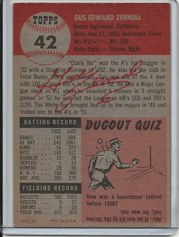 1953 Topps Baseball Card Gus Zernial Philadelphia Athletics Ex Mint ...