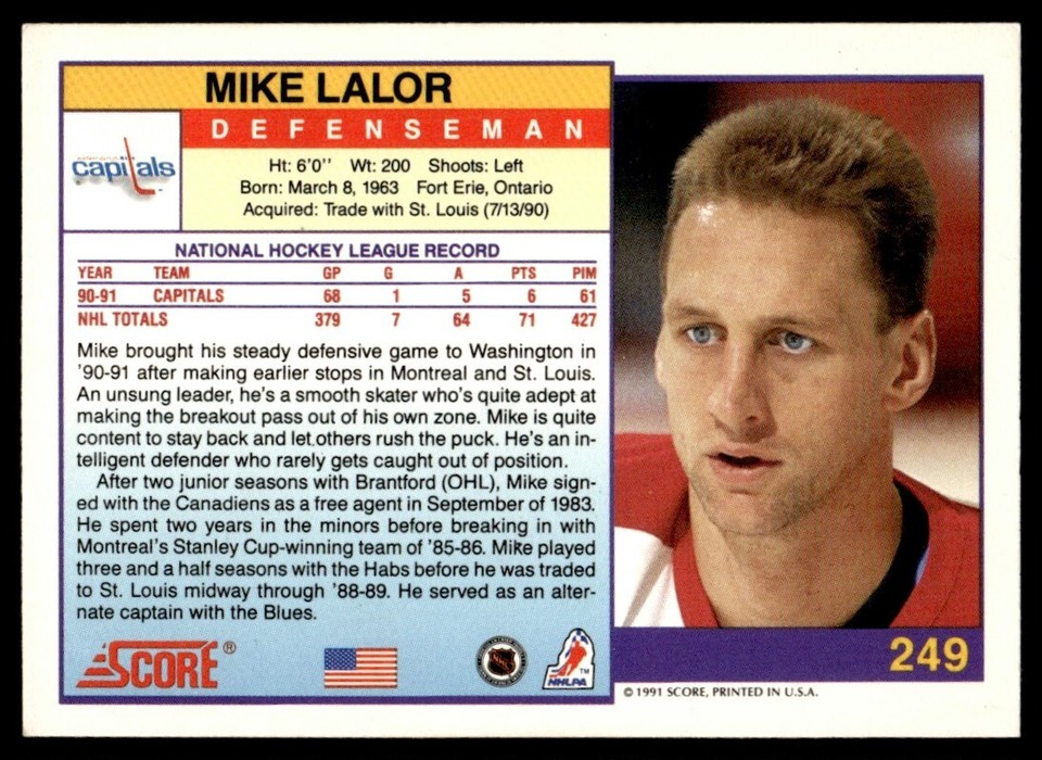 1991-92 Score American #249 Mike Lalor Washington Capitals | eBay