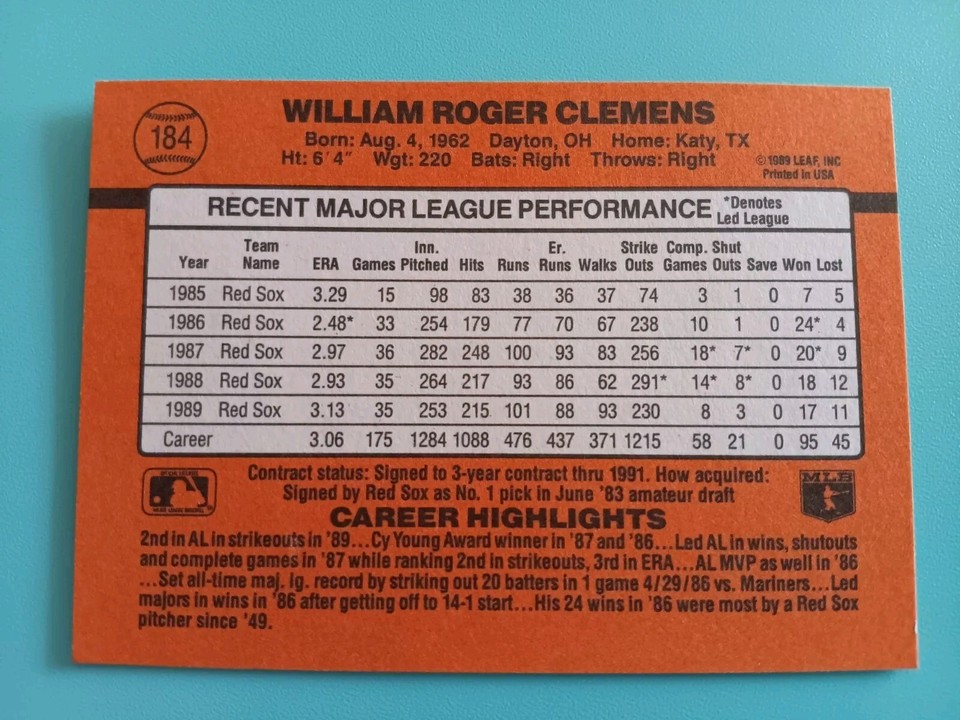 Roger Clemens Donruss 1990 ERROR BASEBALL CARD “No . After INC Error ...