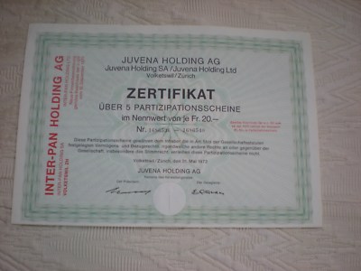 Schweiz - 2 x versch. Juwena Holding AG -1 +5 Partizipationsscheine- 6/ ...