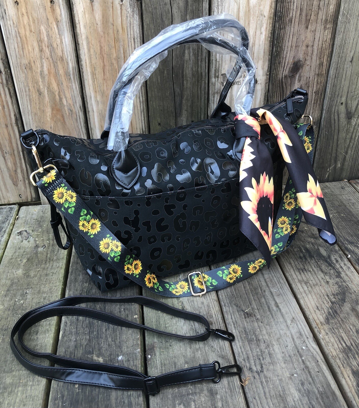 NEW CHEETAH LEOPARD TOTE LAPTOP TRAVEL BAG PURSE SUNFLOWER SCARF ...