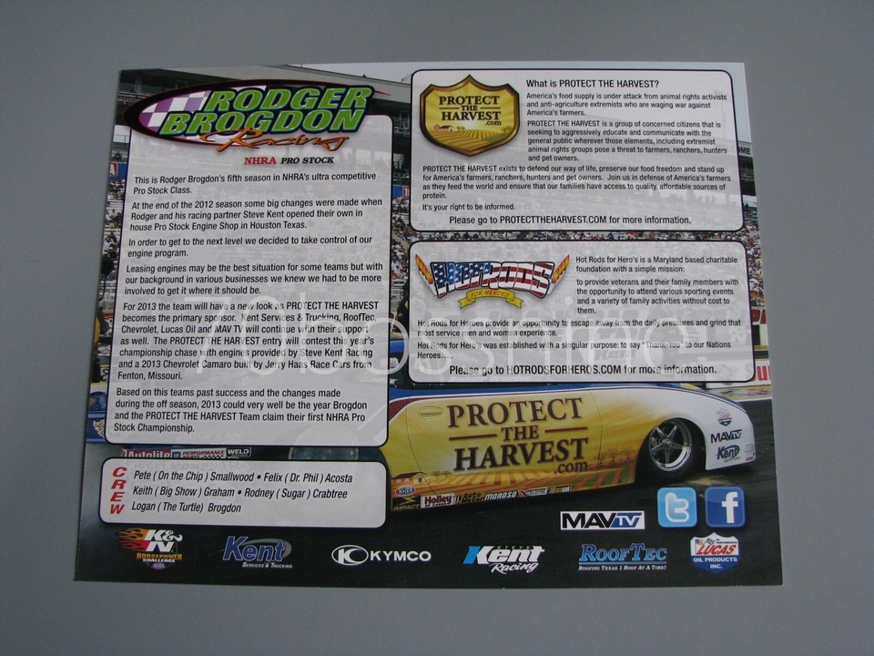 RODGER BROGDON 2013 PROTECT THE HARVEST PRO STOCK 8X10 NHRA DRAG RACING ...