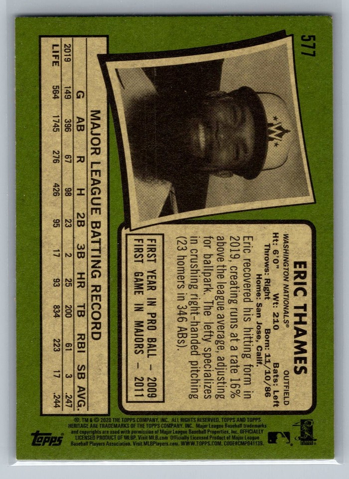 2020 Topps Heritage Baseball #577 Eric Thames Washington Nationals | eBay