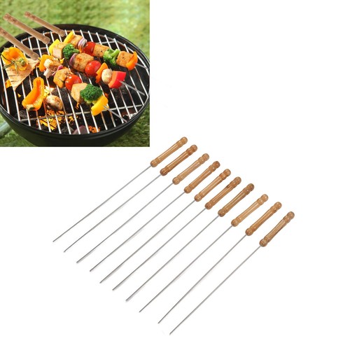 10pcs Outdoor BBQ Skewers 11.8in with Safe Wooden Handles & Steel Pin ...