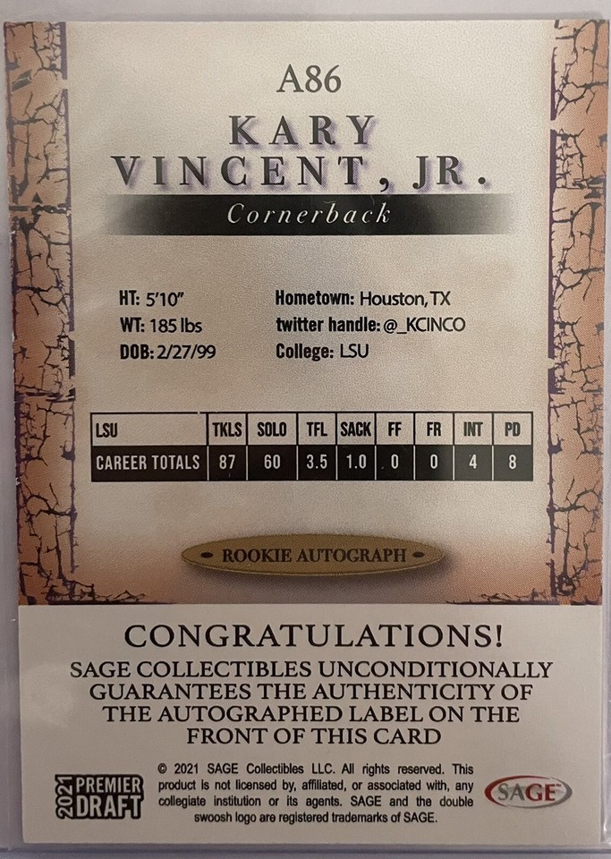 2021 Sage Hit Premier Draft High Series Black Rookie Auto #A86 Kary ...