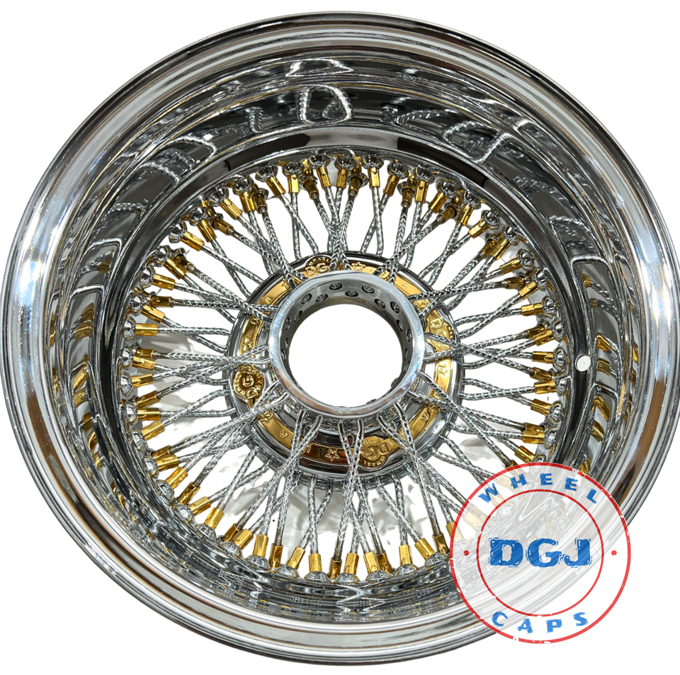 DGJ WHEELS 14x7 Rev 72 Diamond Spokes Gold Nip+Hub Ring Lowrider Wire ...