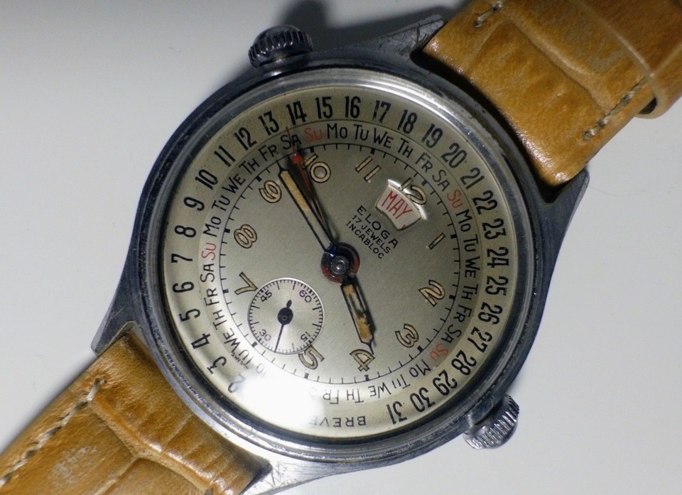 Vintage Eloga Triple Date " date o graph" Pointer 37mm Steel Back Metal ...