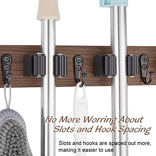 Rustic Wood Mop Broom Holder Wall Mount with 4 Slots and 4 Hooks for ...