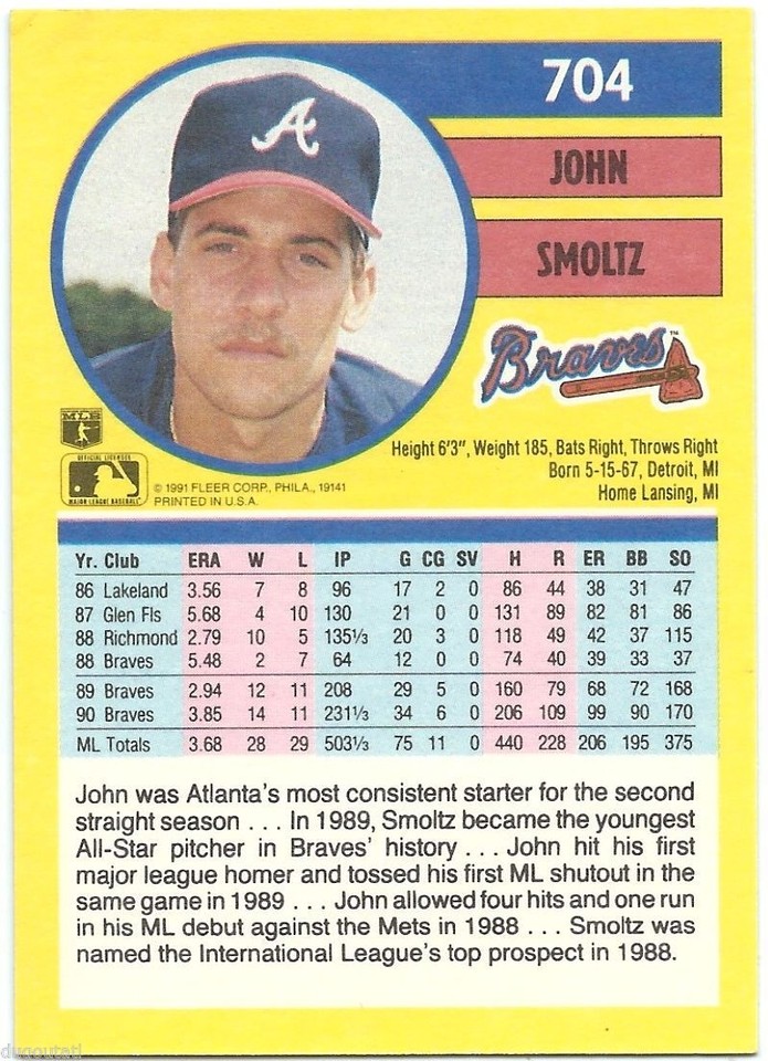 1991 Fleer Atlanta Braves Baseball Card #704 John Smoltz | eBay