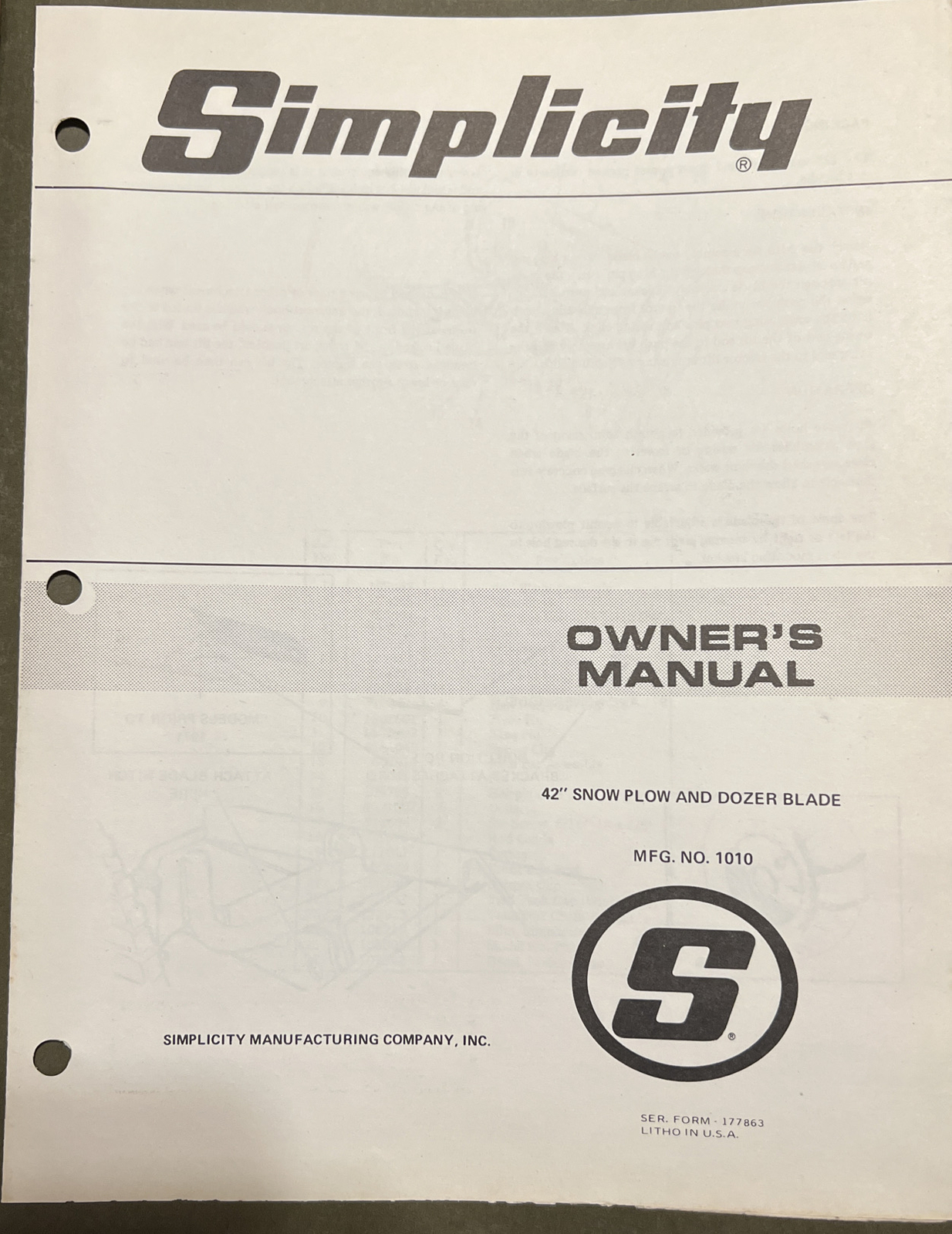 Original Simplicity Owner's Manual 42" Snow Plow & Dozer Blade Mfr No ...