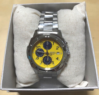 SEIKO SND409 Yellow Silver Band Analog Waterproof 5BAR Men's Watch New ...