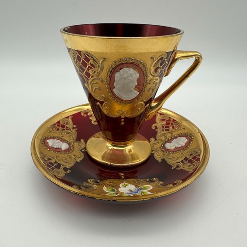 Antique Bohemian Ruby Red 24kt Gold Gilded Tea Cup and Saucer Multiple ...