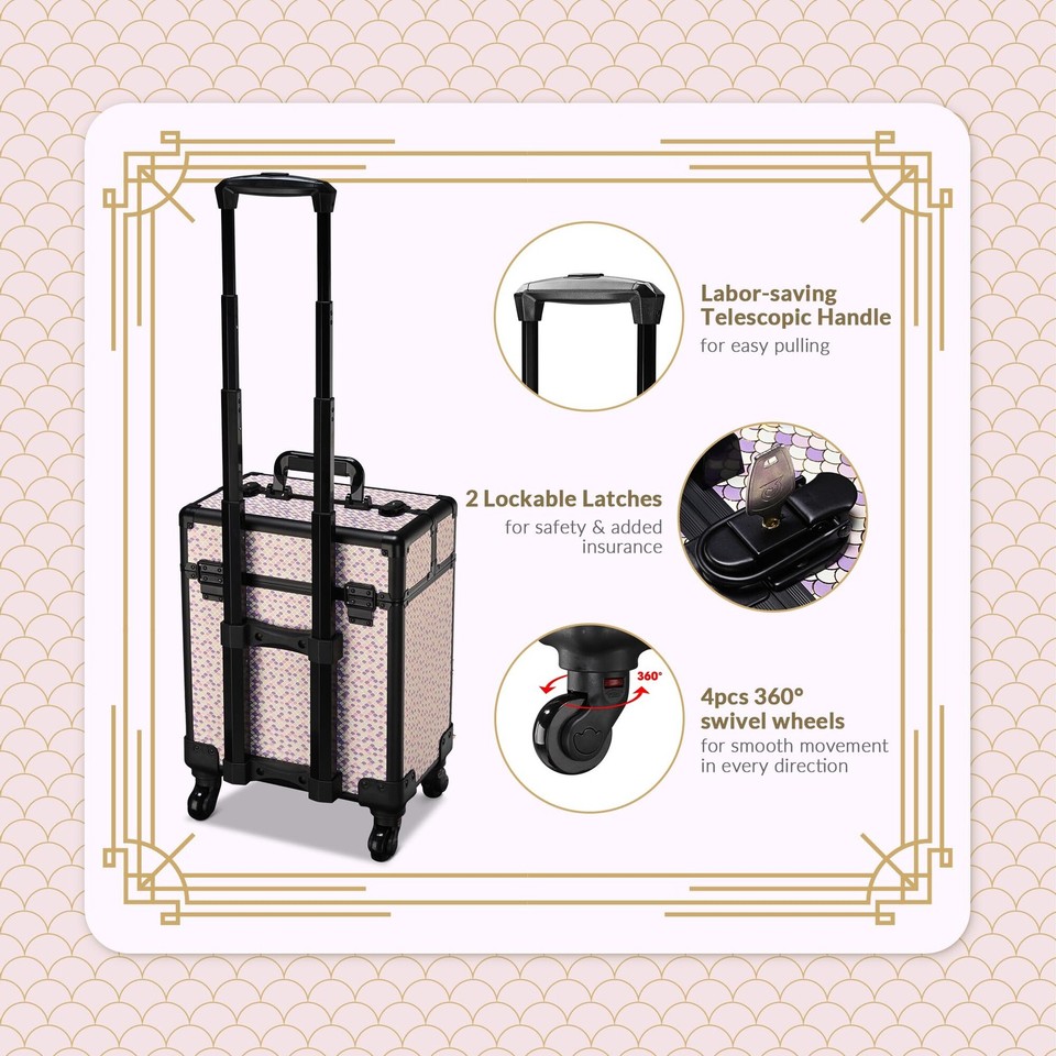BYOOTIQUE Rolling Makeup Train Case on Wheels 3-Piece Art Deco Tyrian ...