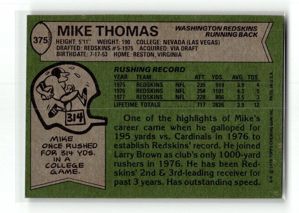 1978 Topps #375 Mike Thomas Washington Redskins FOOTBALL Card \ | eBay