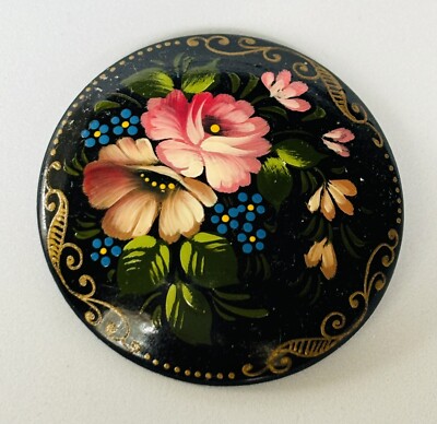 VTG Russian Pin Brooch Hand Painted Floral Black Lacquered Signed | eBay