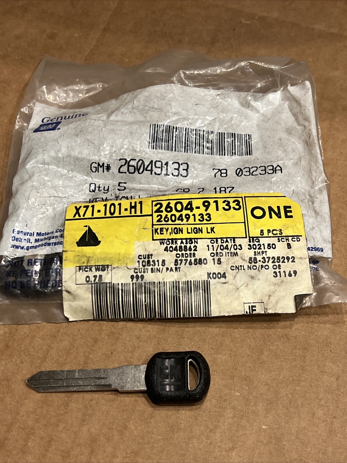 Lot Of 5 NEW OEM GM Ignition Key Blank # 26049133 Grand Am Achieva ...