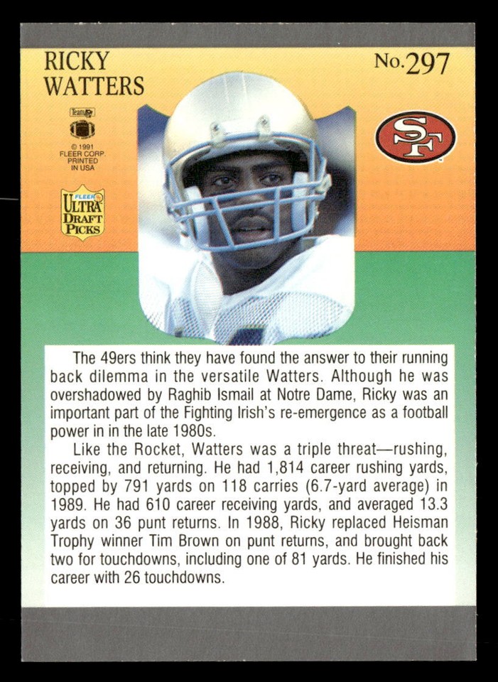 Ricky Watters 1991 Ultra Rookie Card #297 San Francisco 49ers | eBay