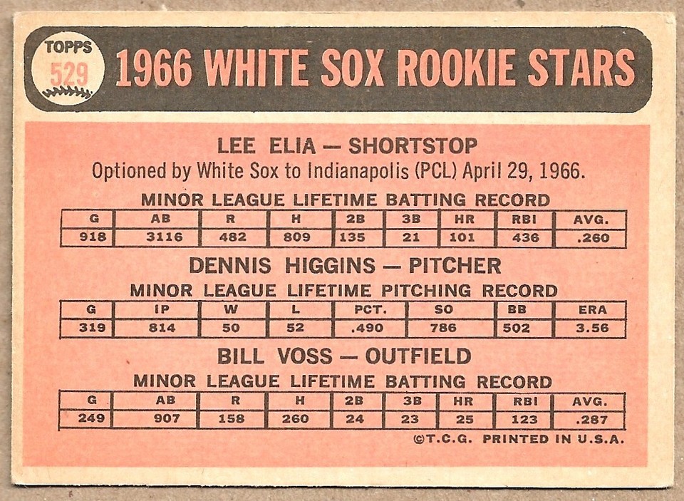 1966 TOPPS HI NUMBER #529 WHITE SOX ROOKIES ELIA/HIGGINS/VOSS (VG) MK ...