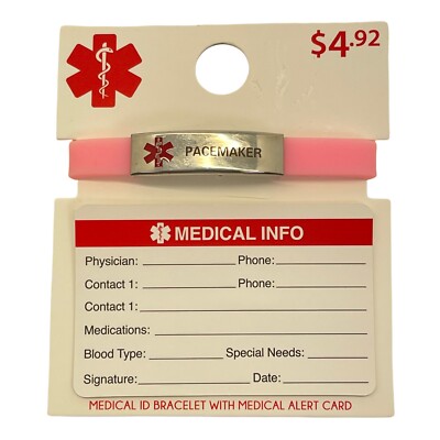 PACEMAKER Medical Alert Id Bracelet W Medical Alert Card Silicone Band ...