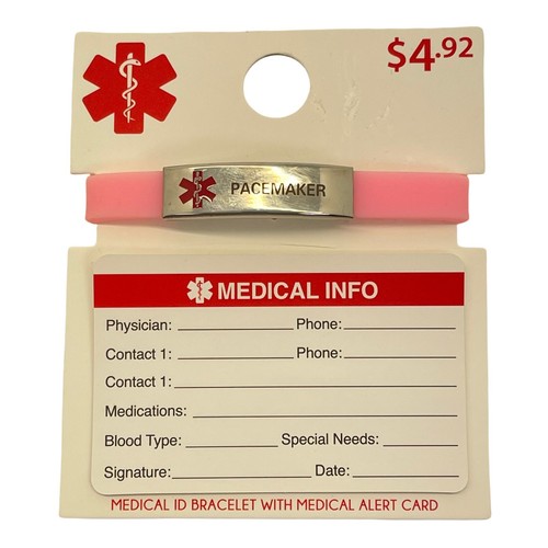 PACEMAKER Medical Alert Id Bracelet W Medical Alert Card Silicone Band ...