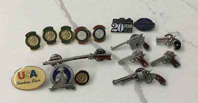 NRA Member Pin Group Lot, 16 Pins Total, 100% & Patron Member Plus Much ...