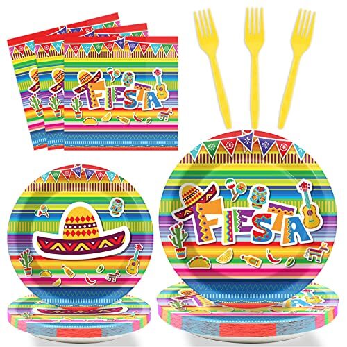 96 Pieces Fiesta Party Decorations Mexican Plates Tableware Set for ...