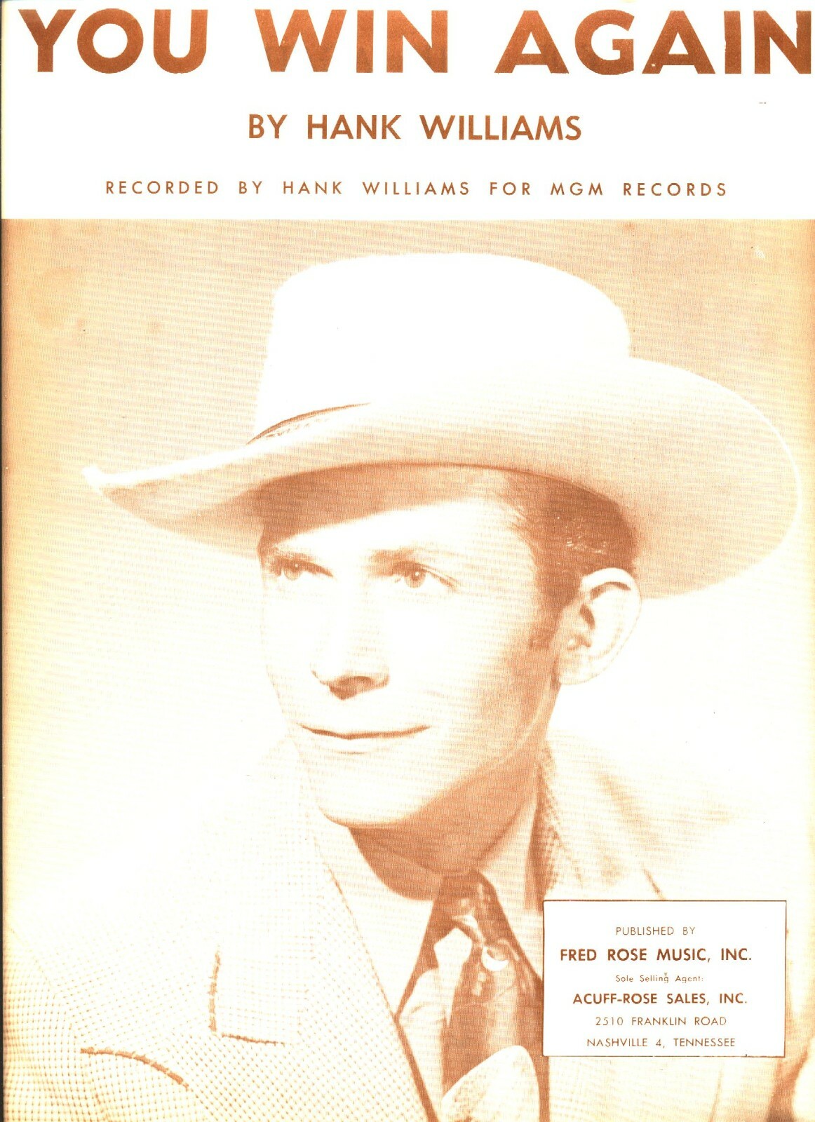 HANK WILLIAMS YOU WIN AGAIN SHEET MUSIC PIANO/VOCAL/GUITAR/CHORDS 1952 ...
