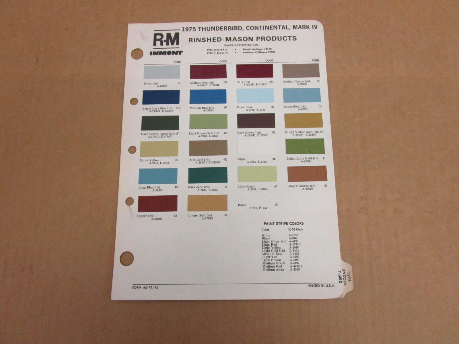 1975 Ford Thunderbird car exterior paint color chip chart sheet sample ...