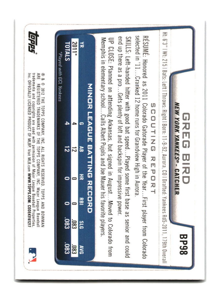 2012 Bowman Prospects # BP98 Greg Bird | eBay