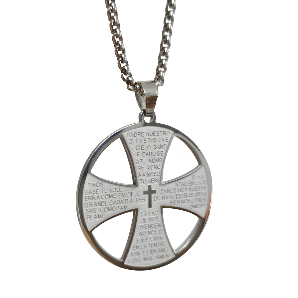 Lords Prayer Cross Pendant Necklace Templar Spanish Script Steel 22 ...