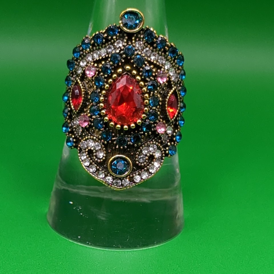 Gold Tone Cocktail Ring Pear Shaped Red Stone Blue Pink White Accent ...